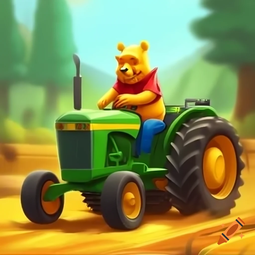 Winnie the Pooh driving bright green tractor in Hundred Acre Wood on ...