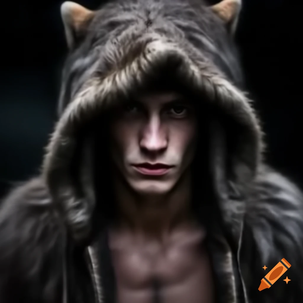 Young man in werewolf pelt cloak, full-body portrait on Craiyon