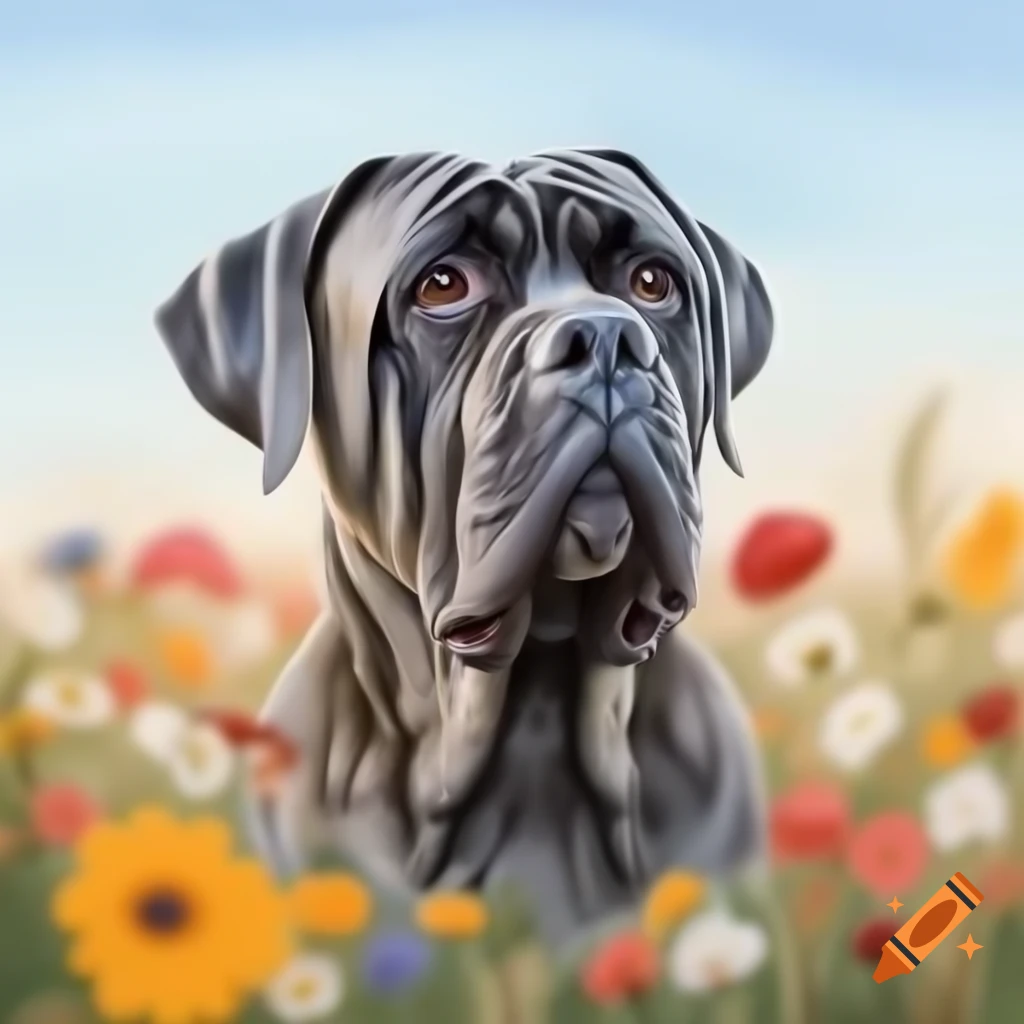 Line drawing of Cane Corso's head surrounded by flowers on Craiyon