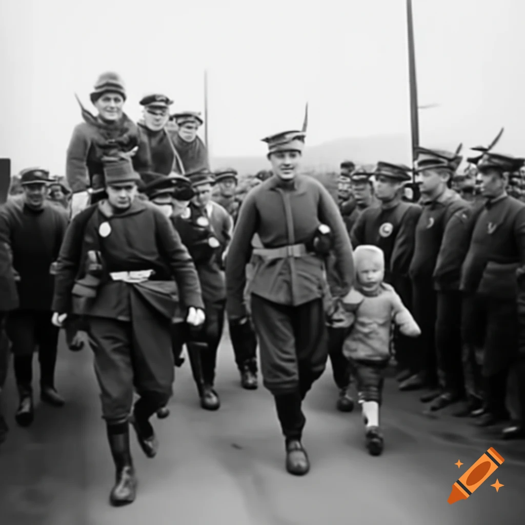 German army marching to war in 1914 with families cheering on Craiyon