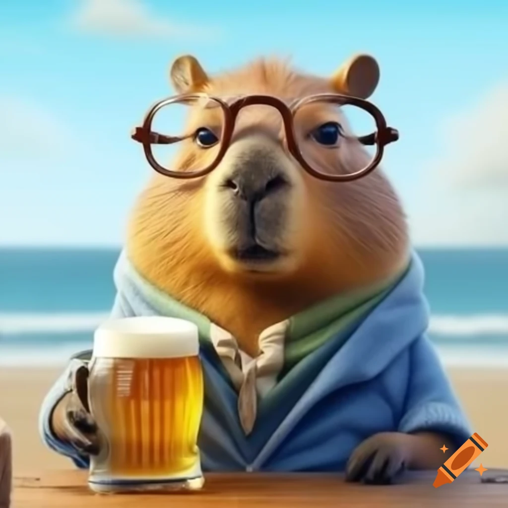 Happy capybara wearing eyeglasses enjoying beer on the seashore on Craiyon