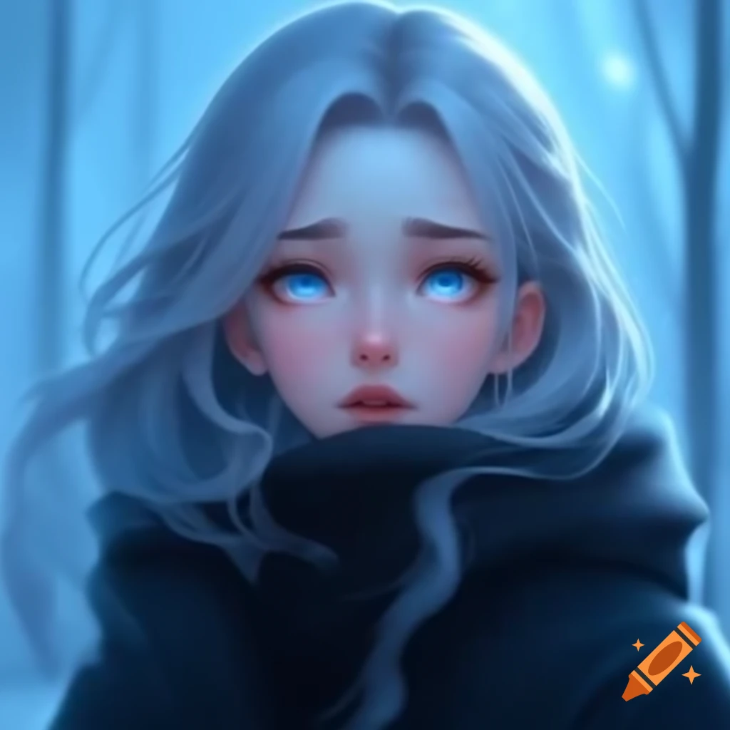 Portrait of young woman with silver-blue hair and heterochromatic eyes in winter cloak on Craiyon