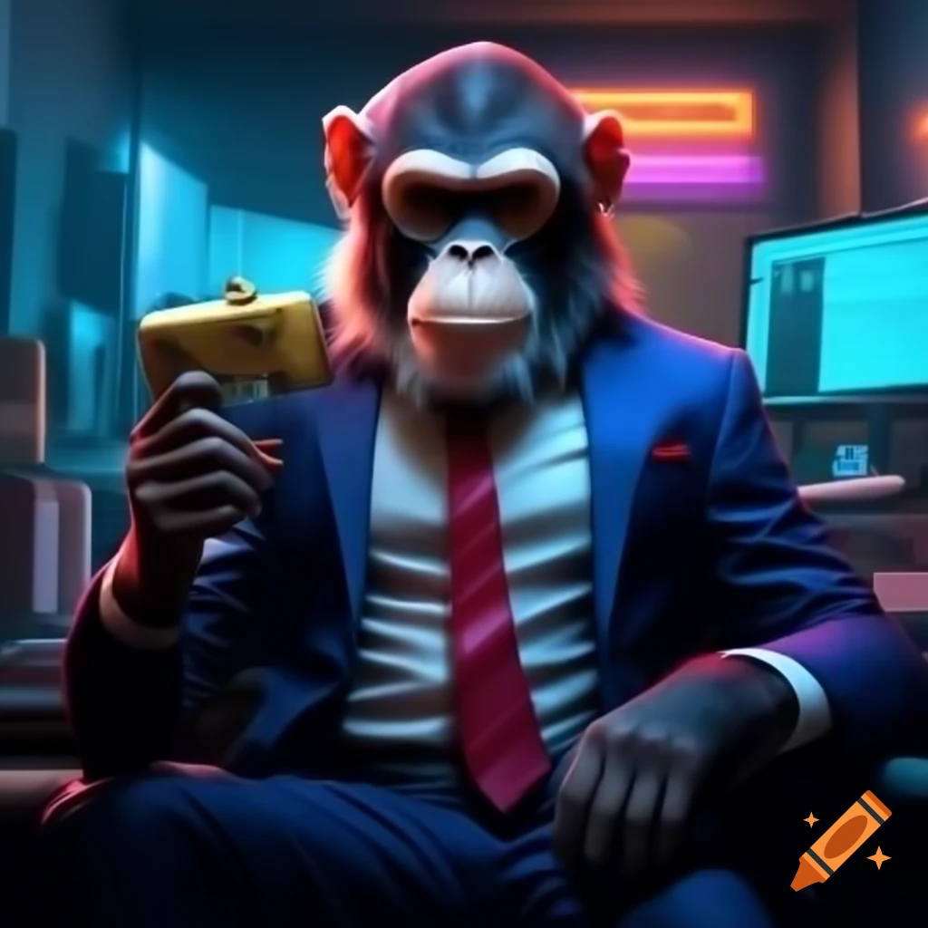 Rich monkey in a suit with CS2 skins, digital art style in neon office on Craiyon
