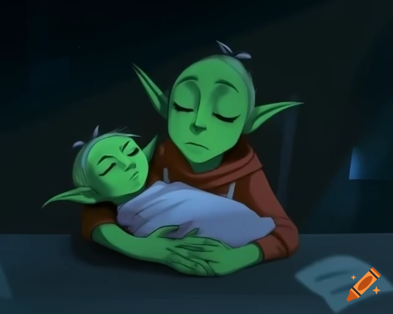 Green-skinned goblin girl caring for sick friend in anime style on Craiyon