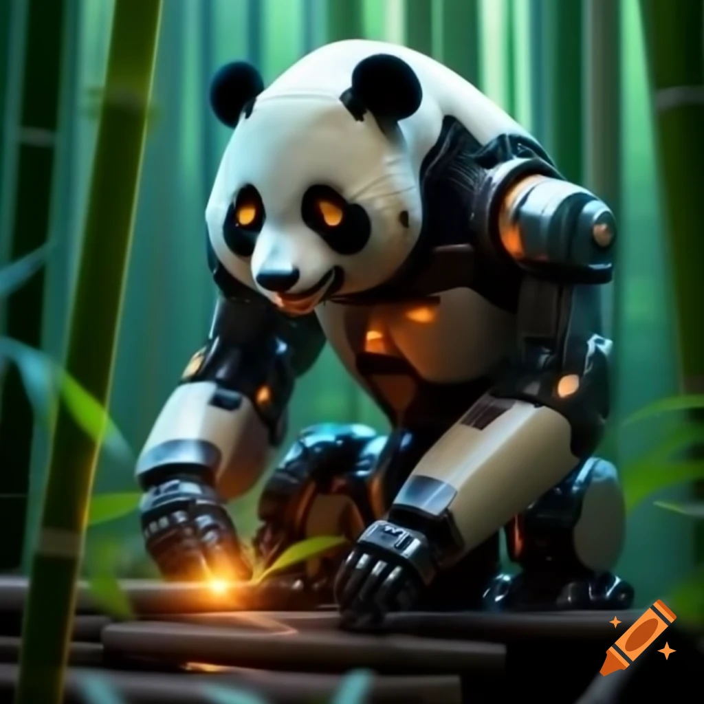 Robotic panda eating glowing bamboo in high-tech bamboo forest on Craiyon