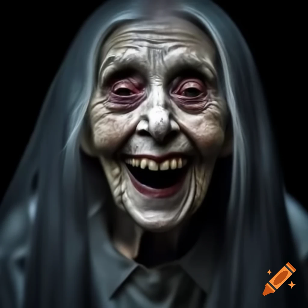 Old lady ghost with scary face and long hair, creepy smile on Craiyon