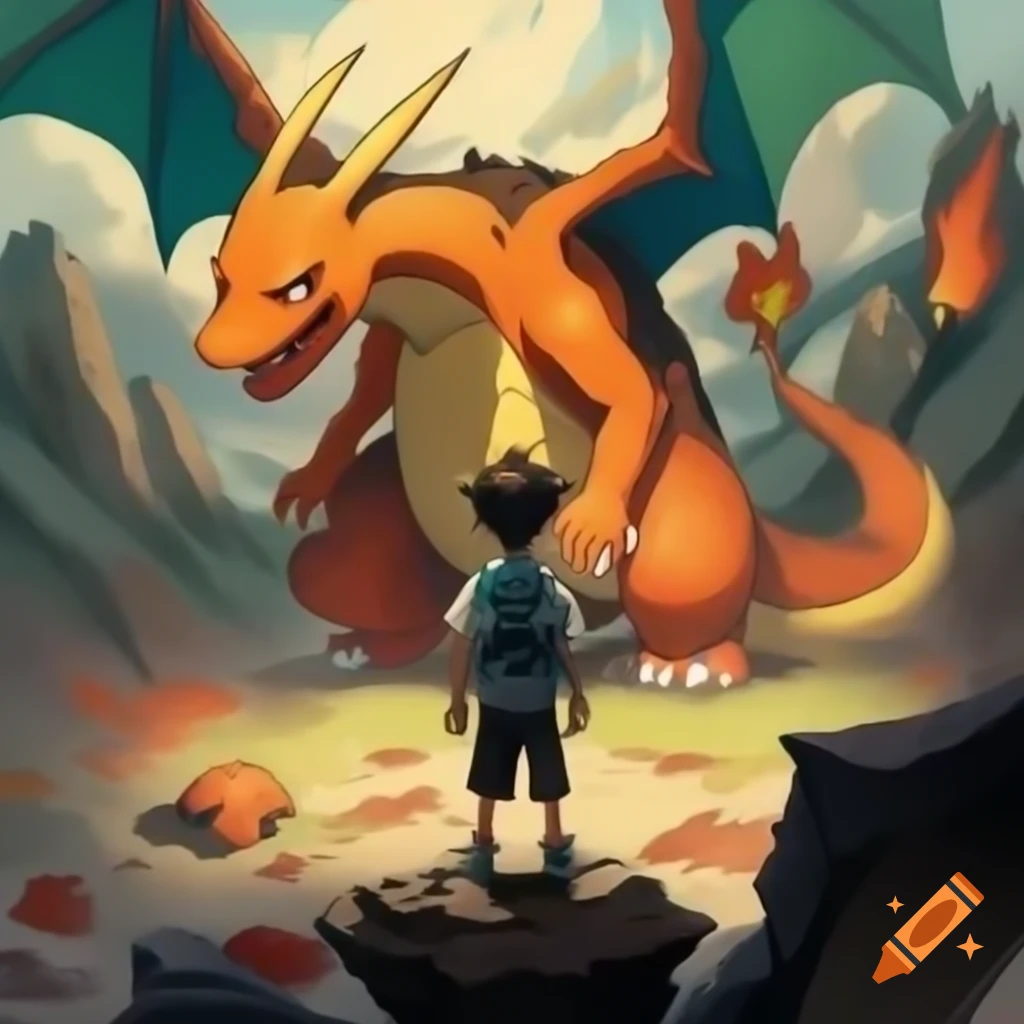 Boy standing over cliff with Pikachu and Charizard on Craiyon