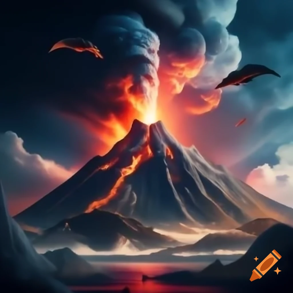 Exploding volcano mountain with flying manta rays on Craiyon