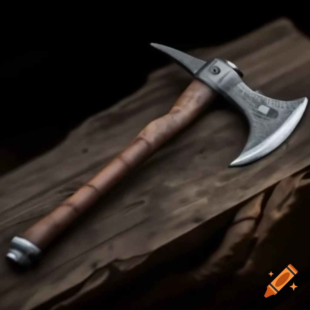 Medieval double-headed axe on worn wood surface, showcasing historical ...