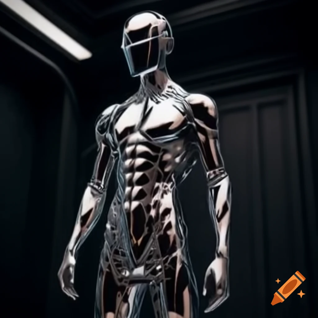 Futuristic chrome metallic synthetic masculine human in dark room on ...