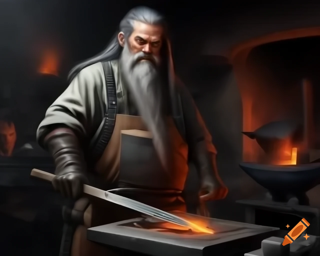 Aging Asian blacksmith forging sword on anvil on Craiyon