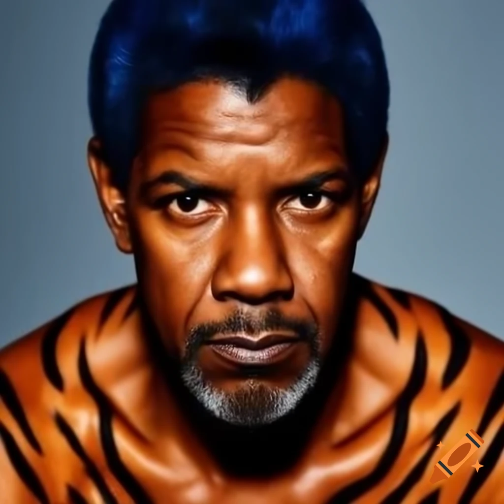 Muscular man with tiger-style makeup featuring blue hair and orange ...