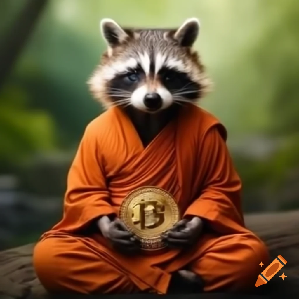 Raccoon in orange monk robes meditating in nature while holding Bitcoin ...
