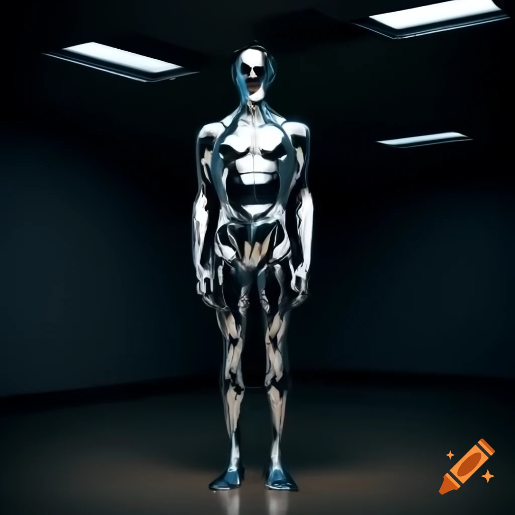 Futuristic chrome metallic synthetic masculine human in dark room on ...