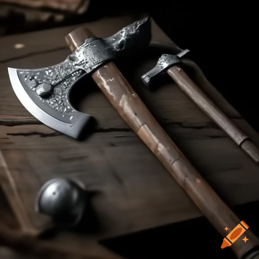 Medieval double-headed axe on worn wood surface, showcasing historical ...