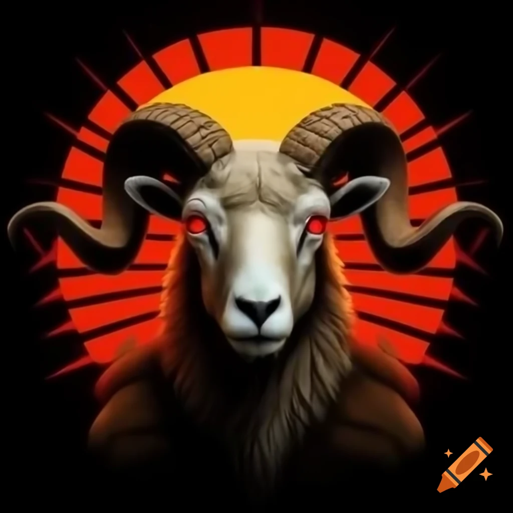 Stylized ram head with horns and glowing red eyes, inspired by 80s ...