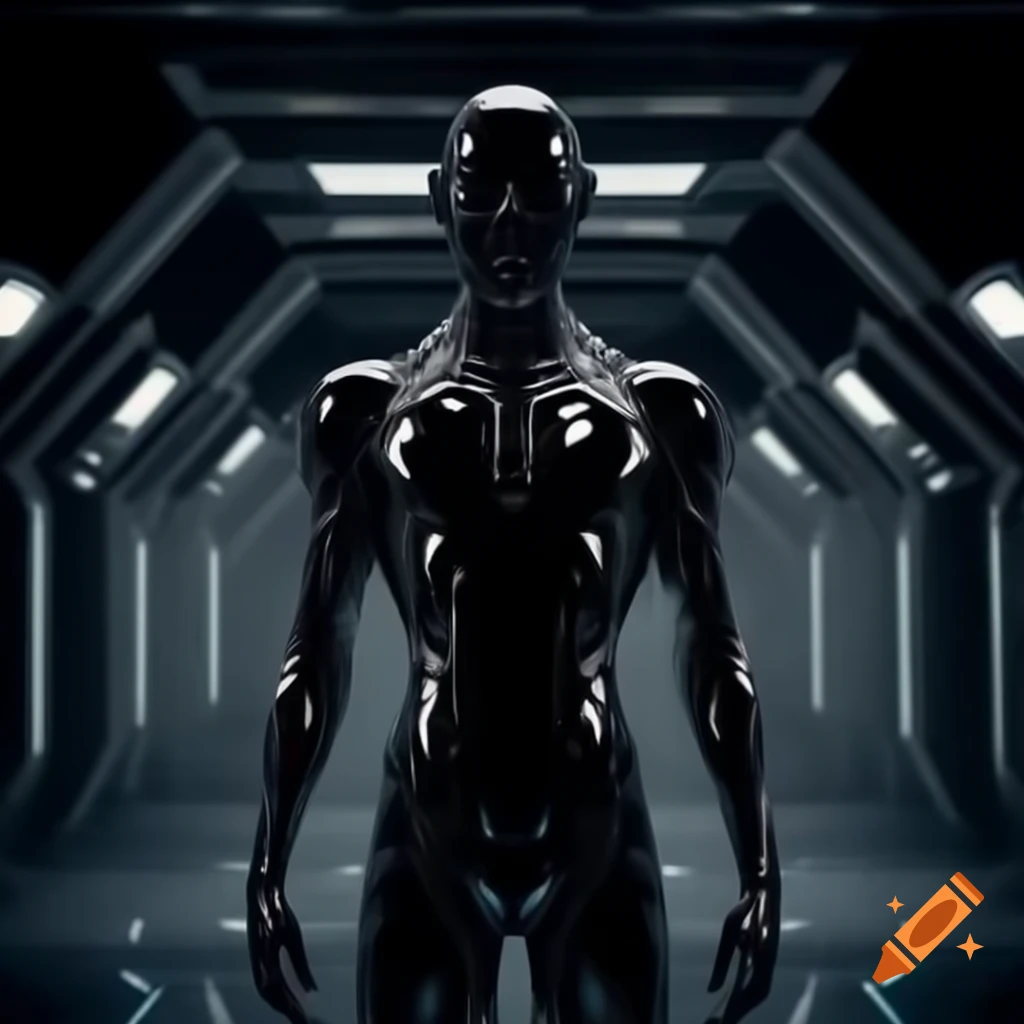 Synthetic human with black chrome body in dark futuristic room on Craiyon