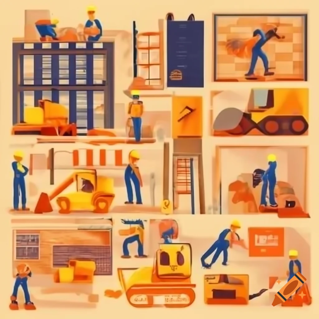 Colorful cartoon-style busy construction workshop with various scenes ...