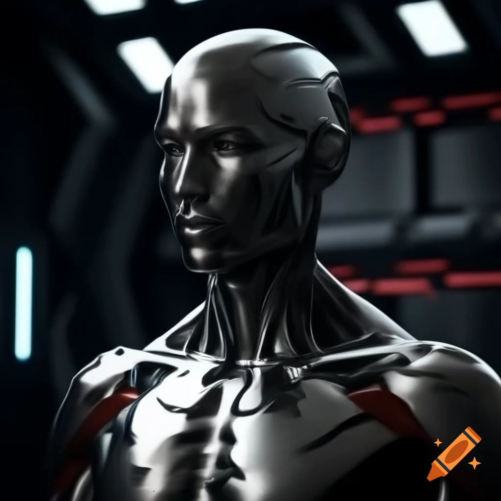 Synthetic male human with black chrome body in futuristic dark room on ...