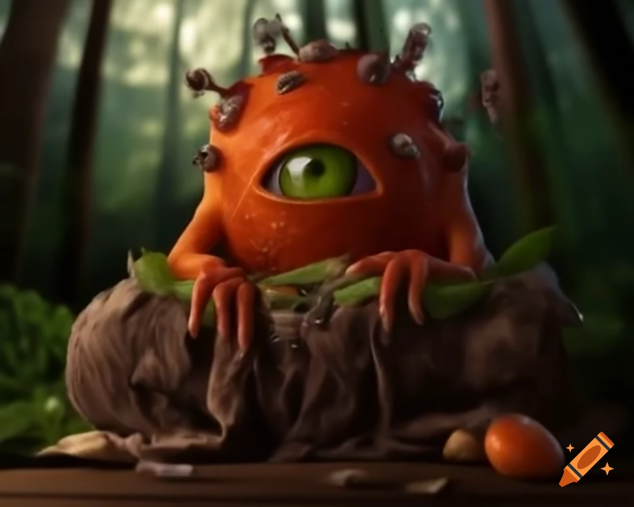 Humanoid orange fruit monster with eerie appearance and bark cloak on ...