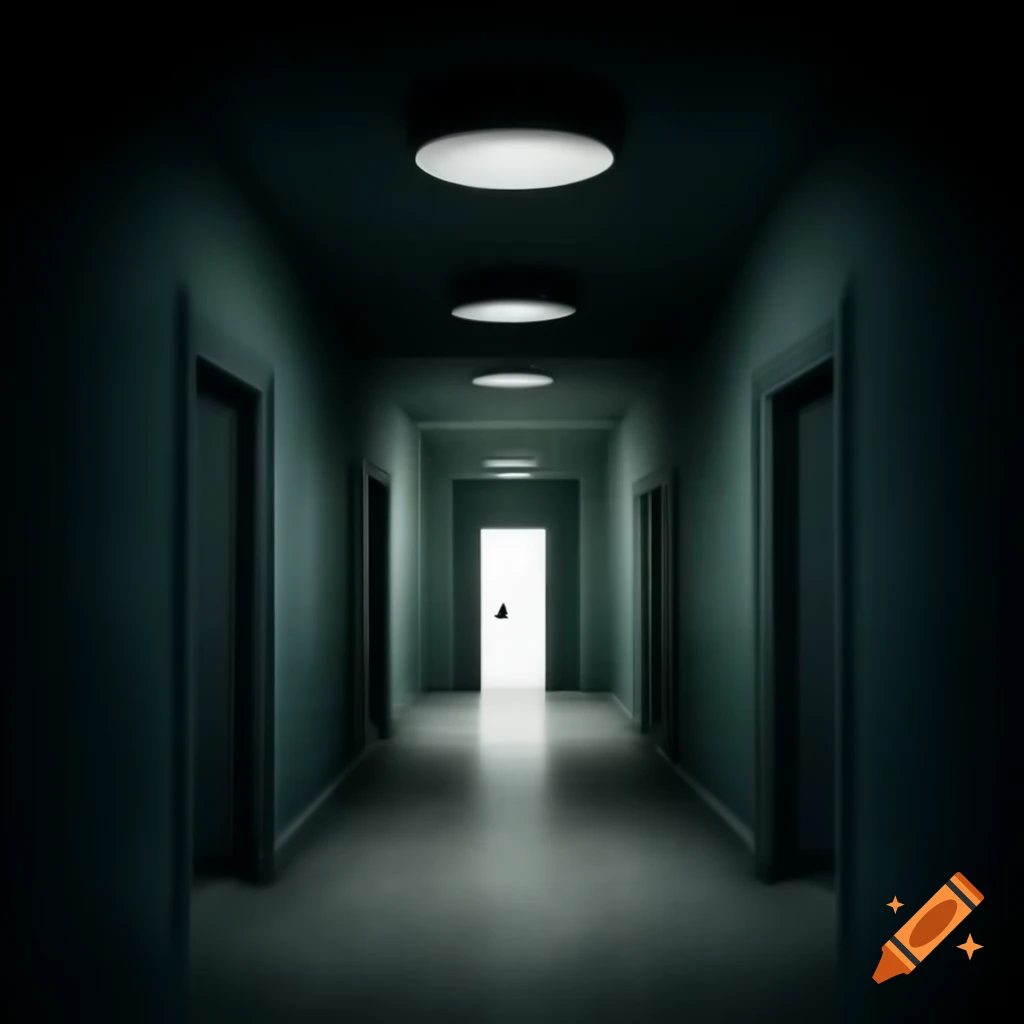 Dark hallway with five doors and hidden door outline, realistic horror ...