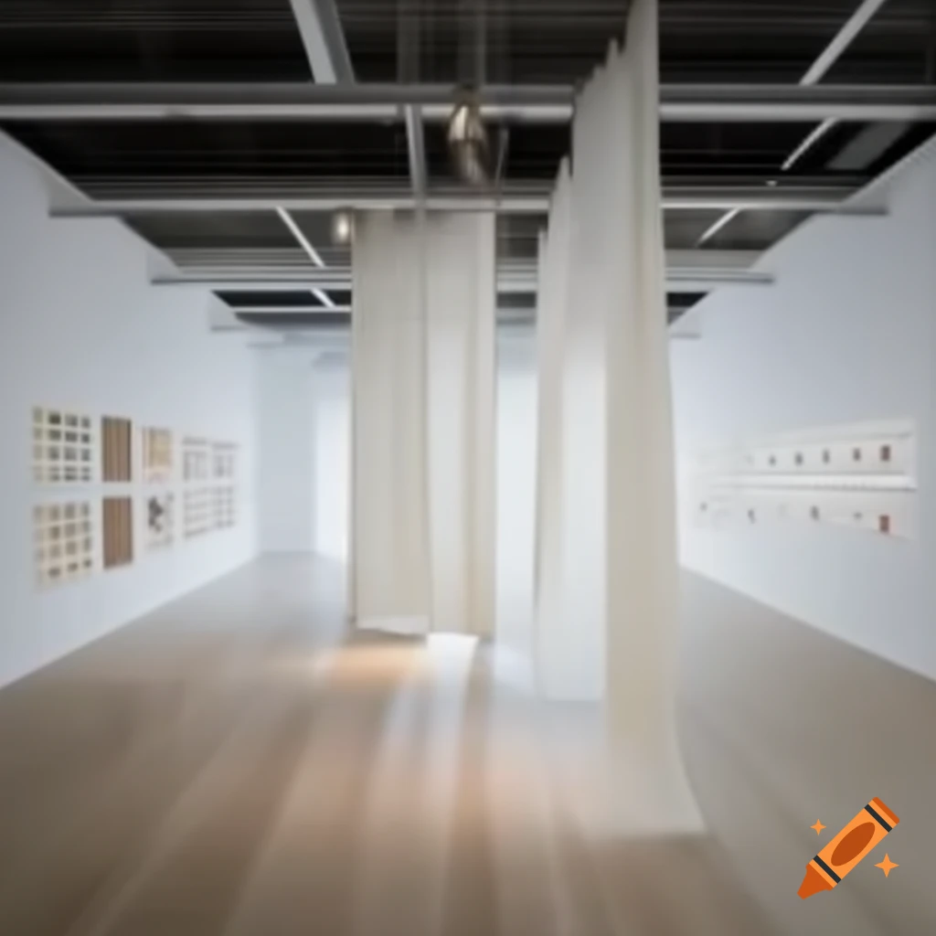 Expansive art gallery with white walls and wooden floor, softly lit on ...