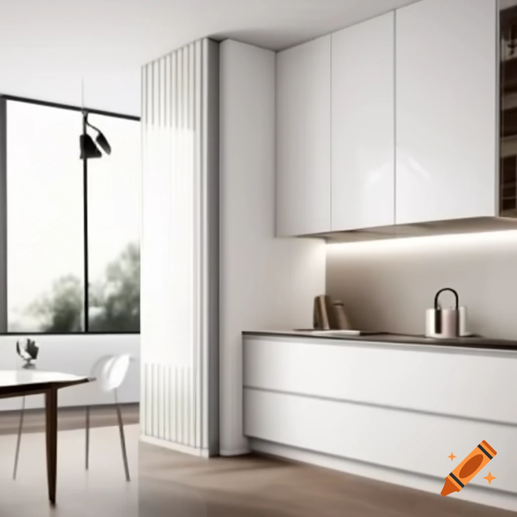 Modern bridge-style kitchen with seamless cabinetry and light gray ...