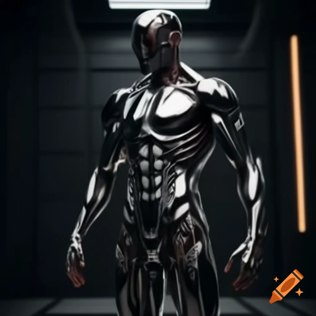 Synthetic male human with black metallic chrome body in dark room, high ...