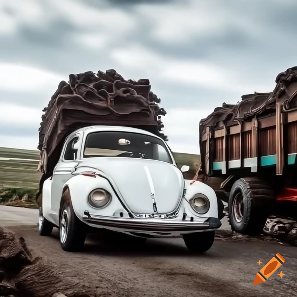 White VW Beetle towing trailer of peat briquettes on Craiyon