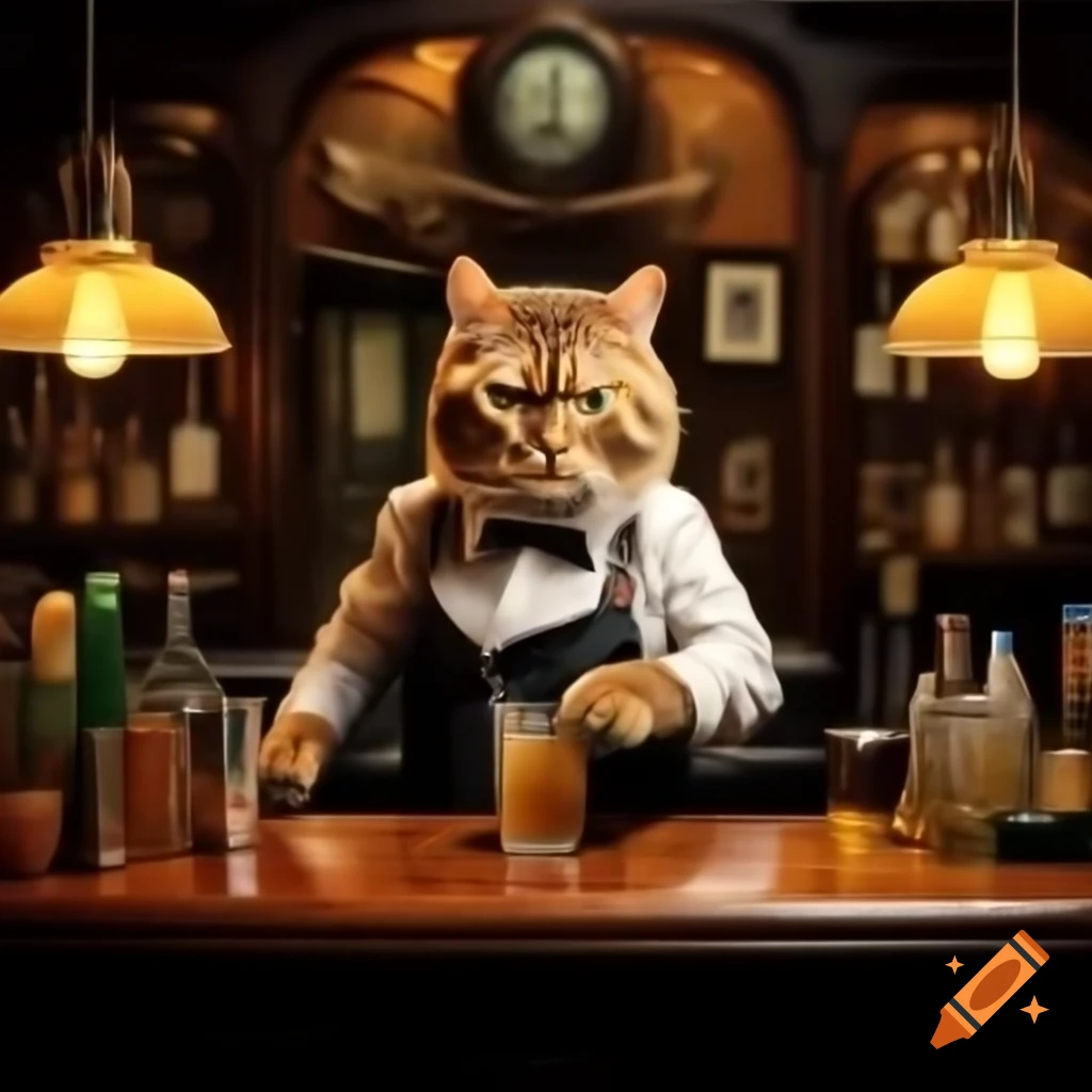 Realistic portrait of a cat bartender in vintage pub, wearing a white ...