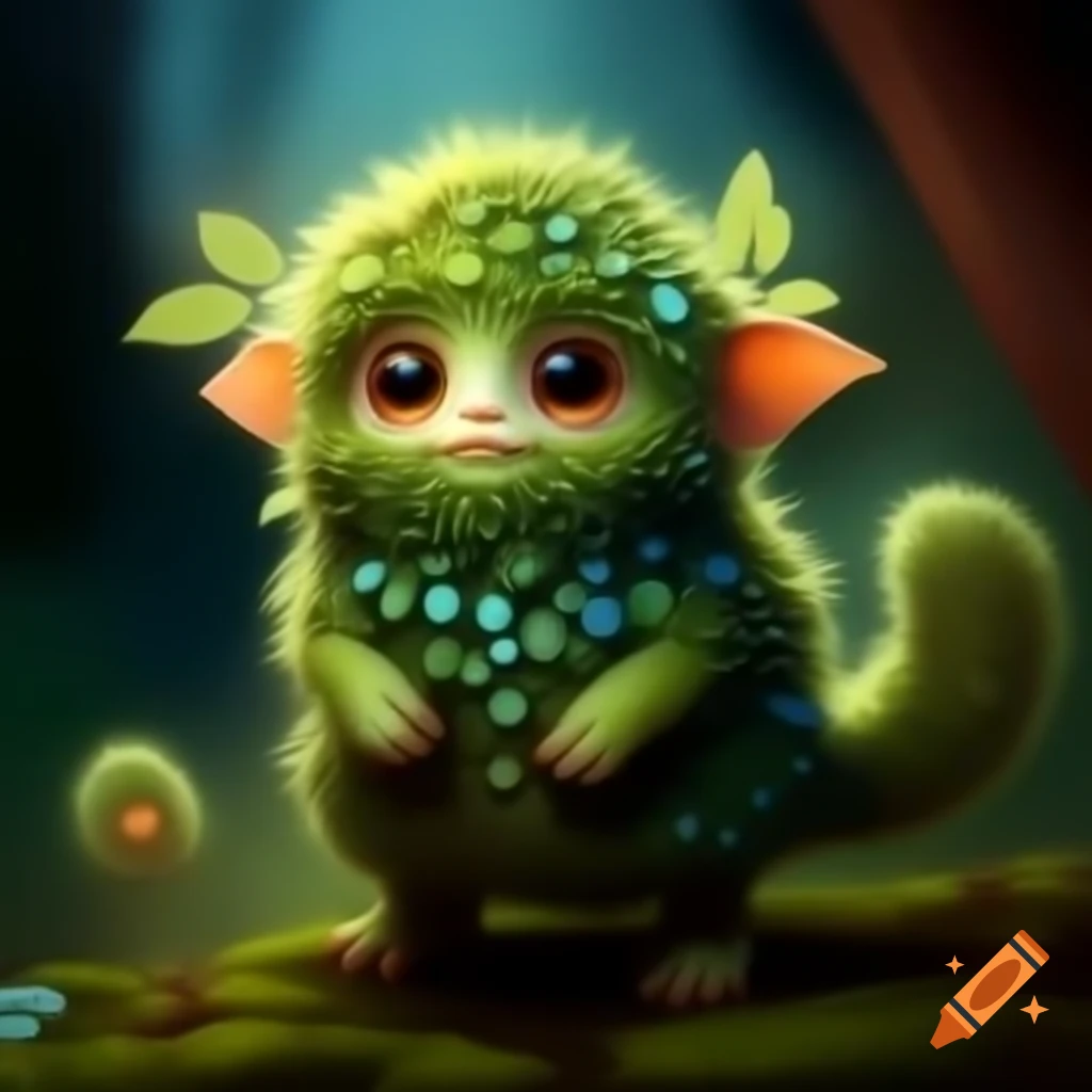 Moss-colored furry creature with fern-shaped ears beside magical bush ...