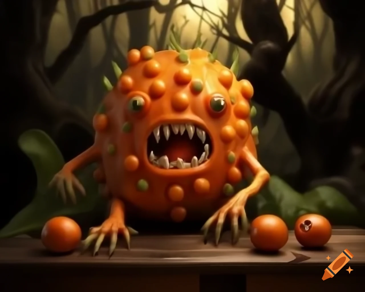 One-eyed orange fruit monster seated on wooden table in mystical forest ...