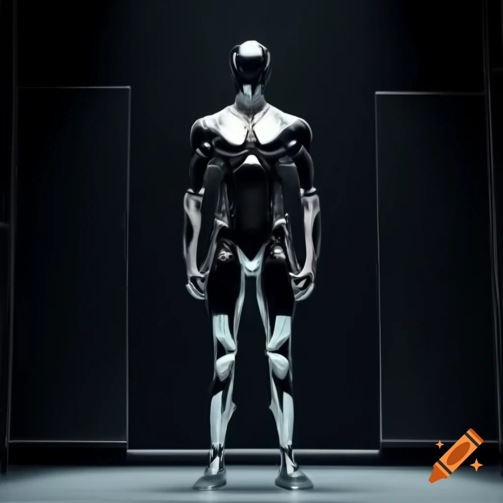 Futuristic synthetic male humanoid with black chrome body in dark room ...