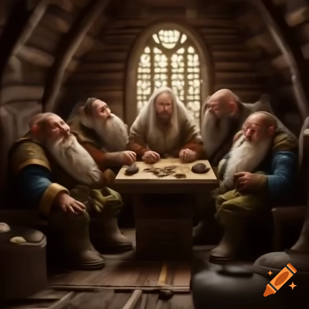 Interior of a cabin with five dwarves gathered around a large table on ...