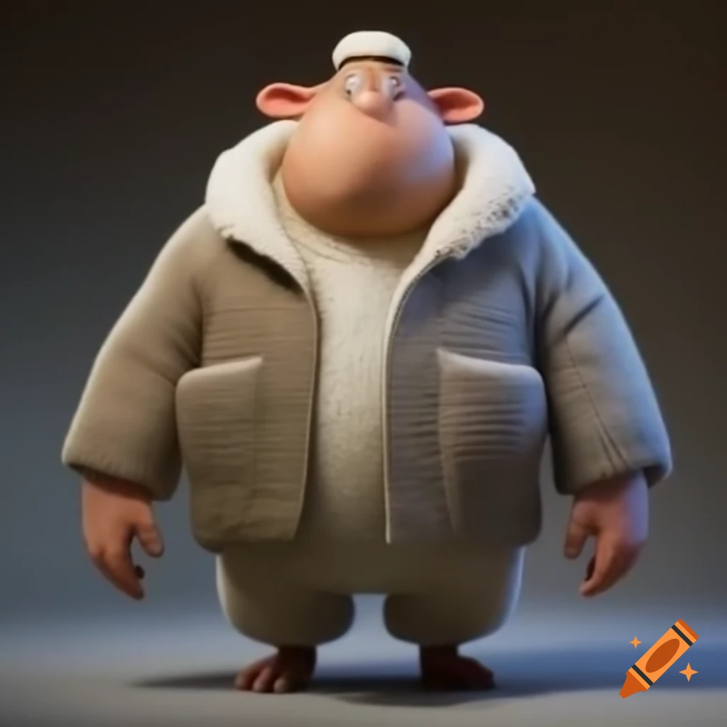 Animated man in Sherpa jacket and pants made of sheep skin-like material on Craiyon