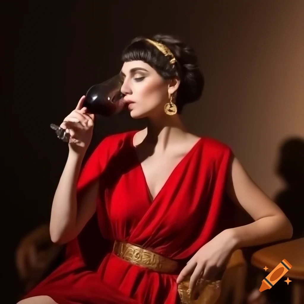 Etruscan goddess Minerva in red attire holding a wine cup on Craiyon