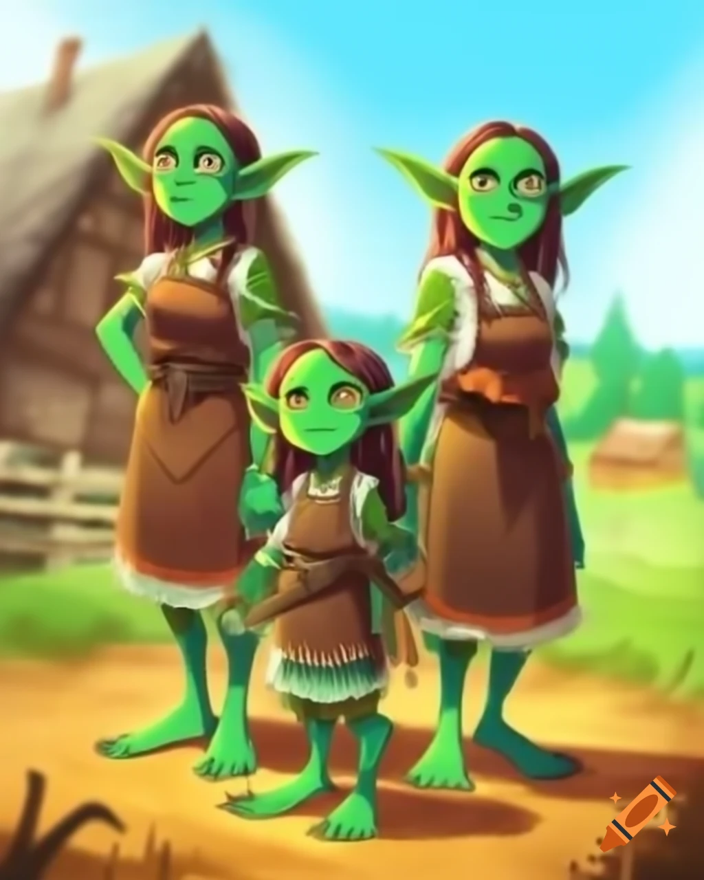 Three playful green-skinned goblin girls in Slovak folklore attire on a ...