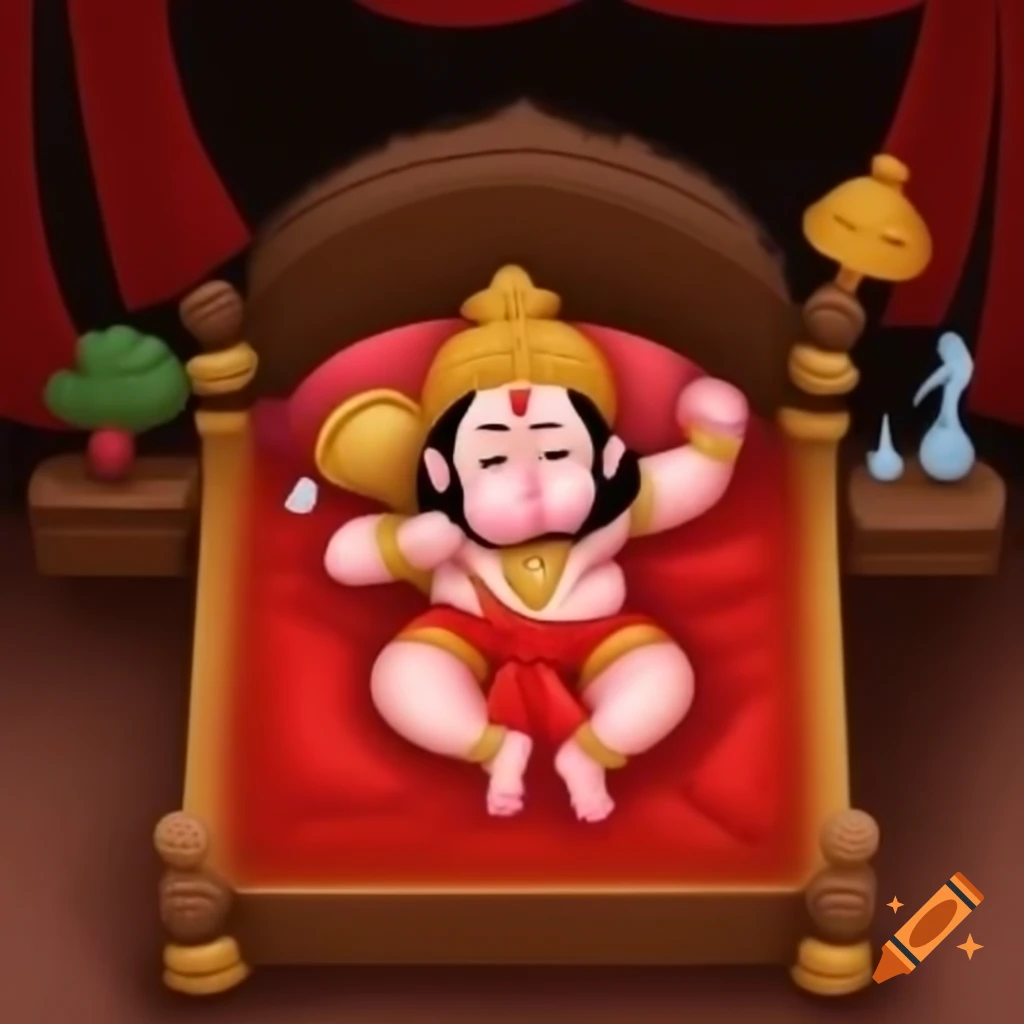 Cartoon baby Hanuman sleeping on an ancient wooden bed in red clothes ...