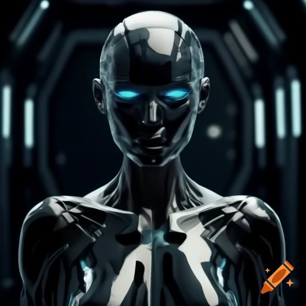 Synthetic female figure with black chrome body and glowing blue eyes in ...