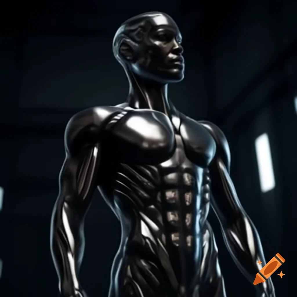 Futuristic synthetic male human with black chrome body in dark room on ...