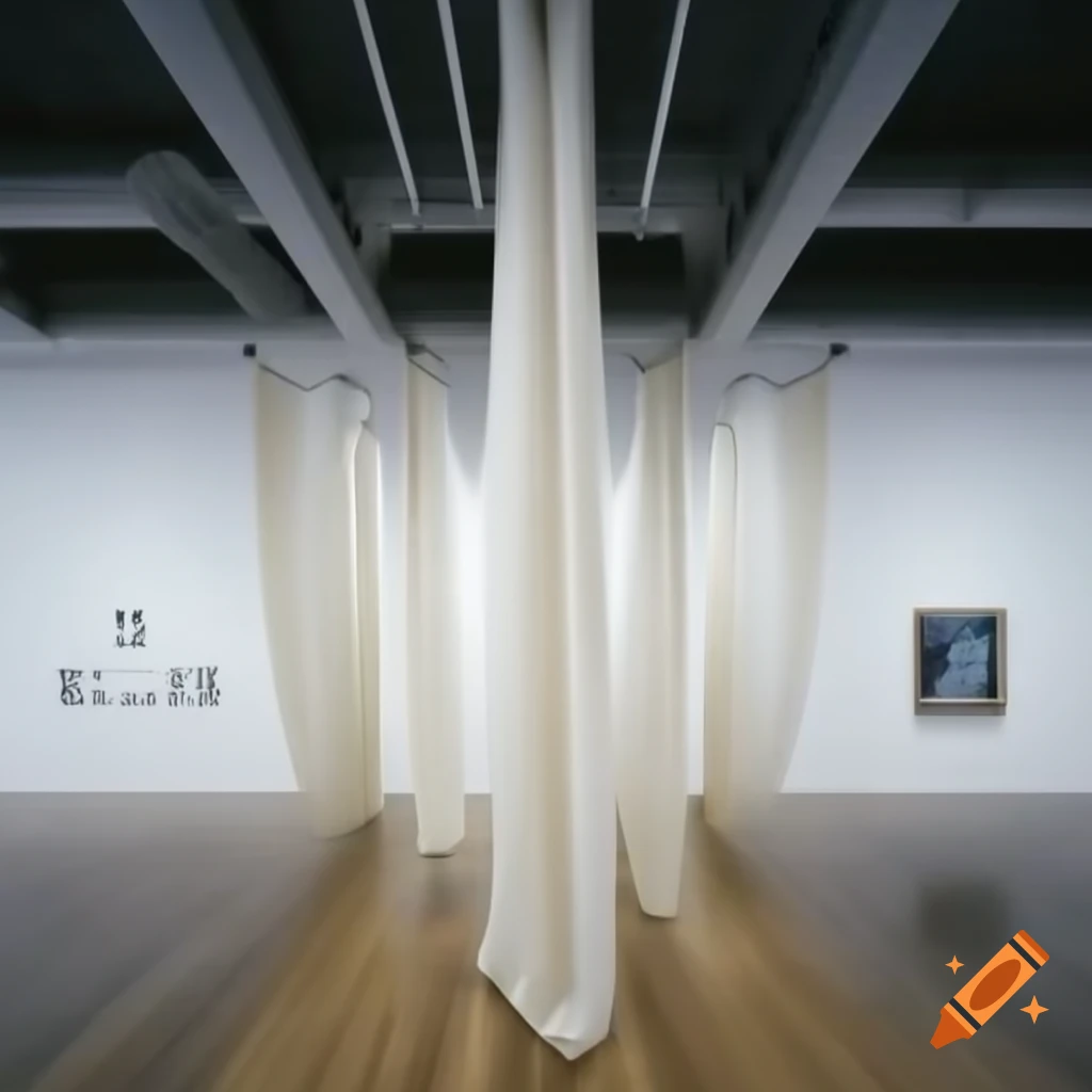 Expansive art gallery with white walls and wooden floor, softly lit on ...