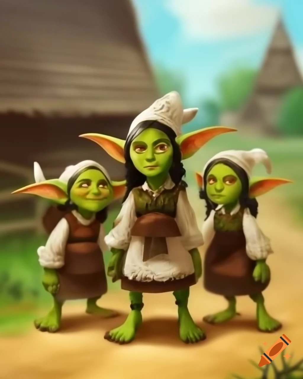 Three playful green-skinned goblin girls in Slovak folklore attire on a ...