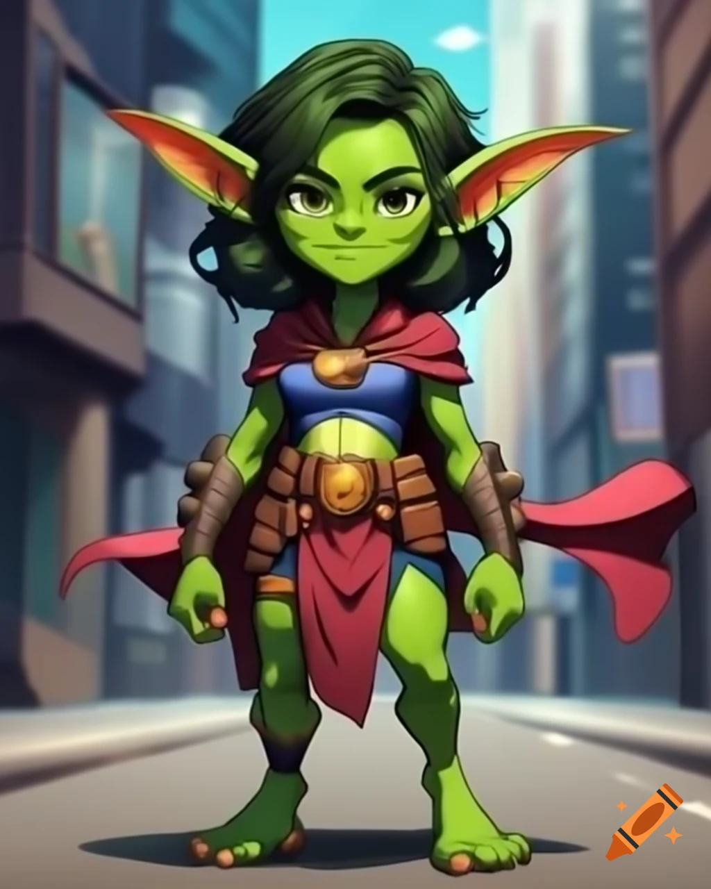 Green-skinned goblin girl in superhero outfit in city setting, anime ...