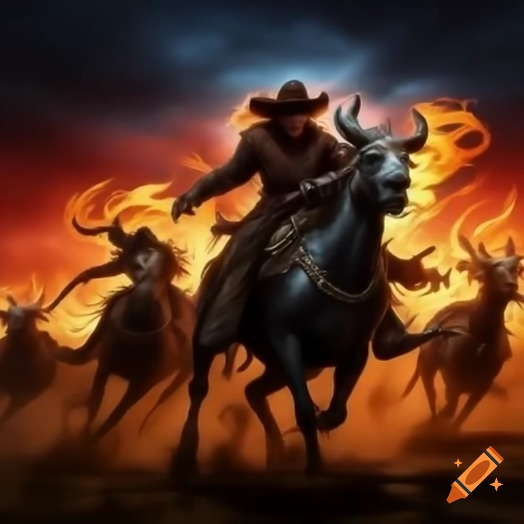Spectral cowboys riding flaming goats in otherworldly rodeo under fiery ...