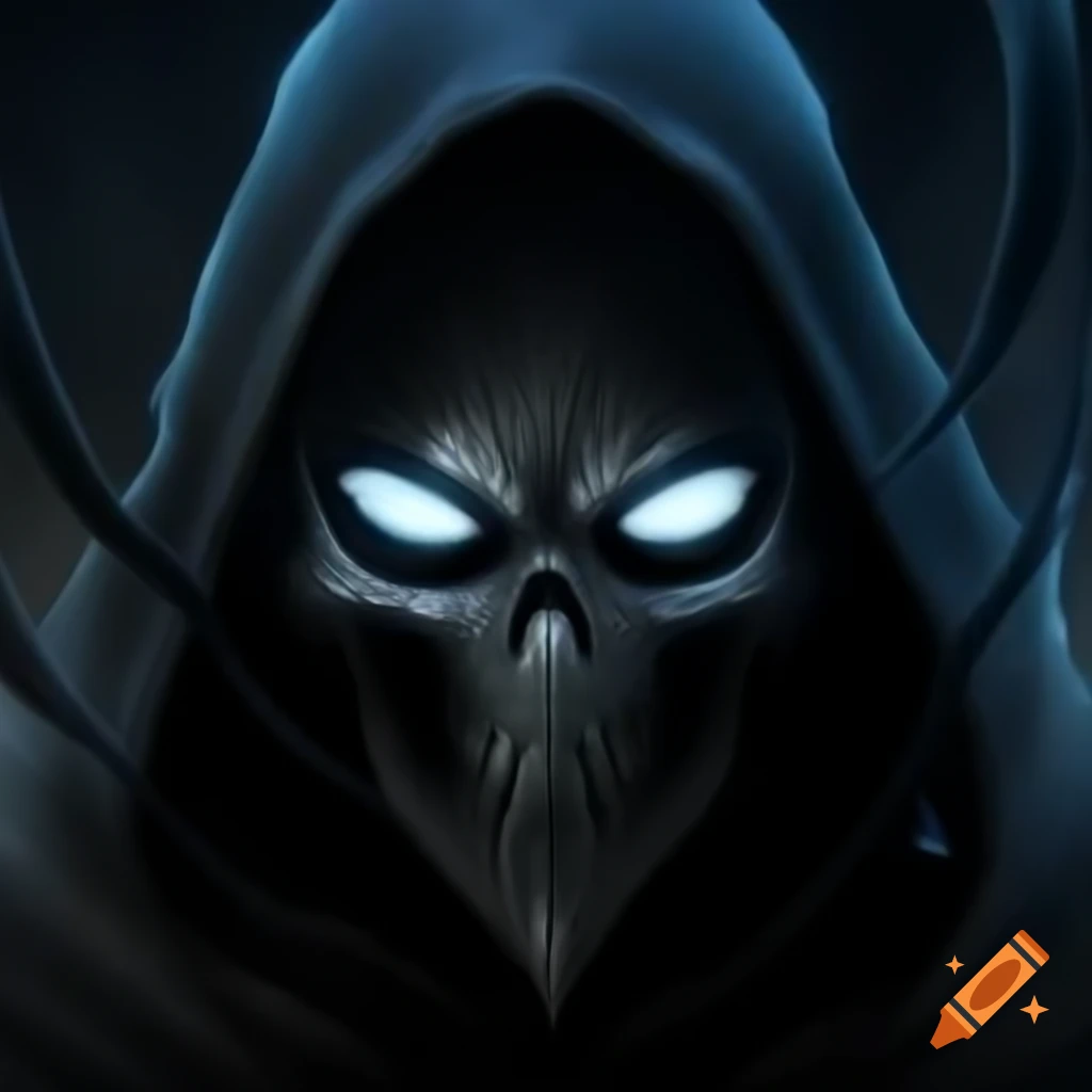 Dark reaper with round white eyes emitting fire, no background on Craiyon