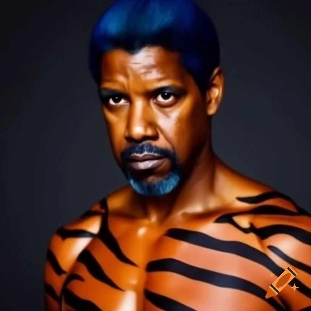 Muscular man with tiger-style makeup and blue hair on Craiyon