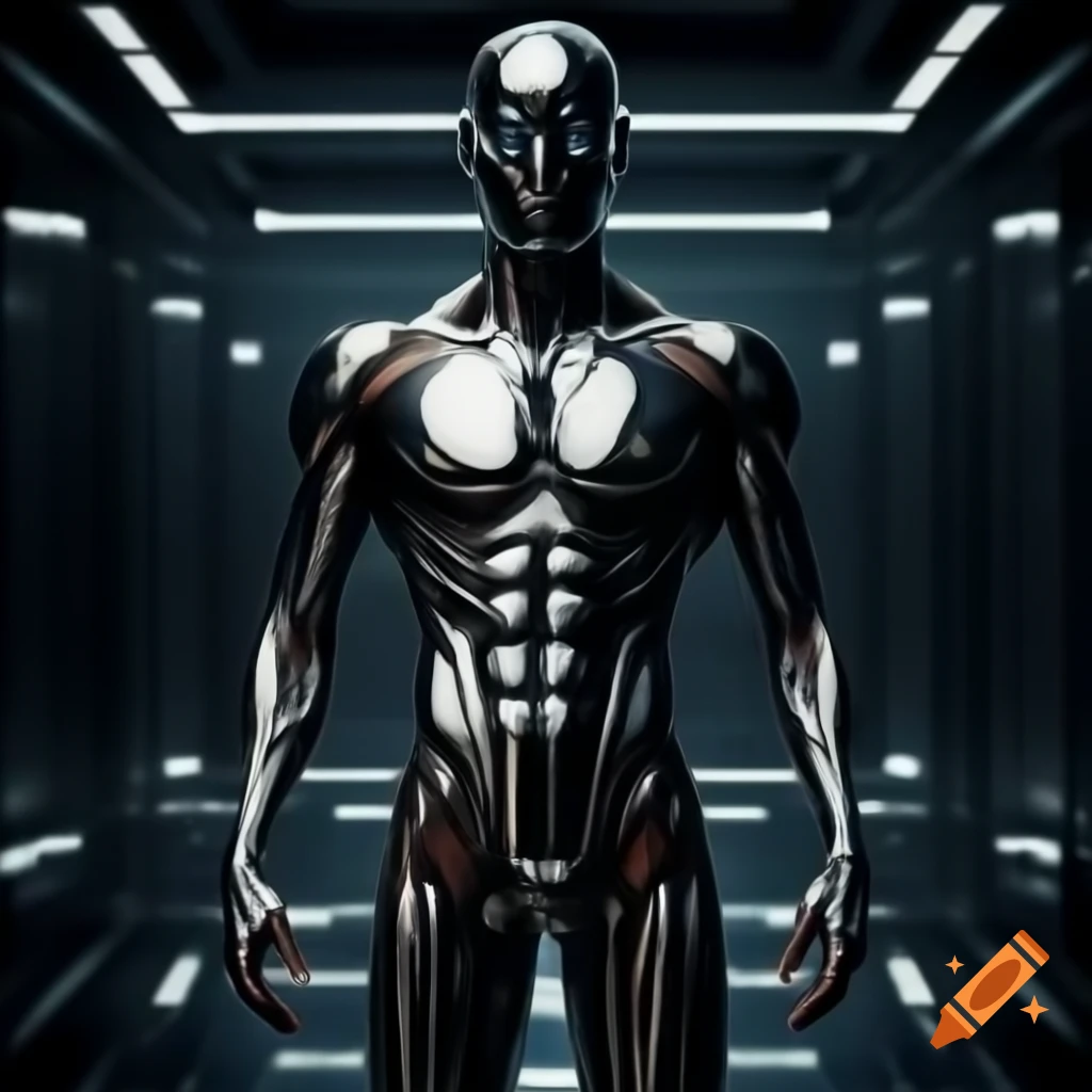 Futuristic male humanoid with metallic chrome body in dark high ...