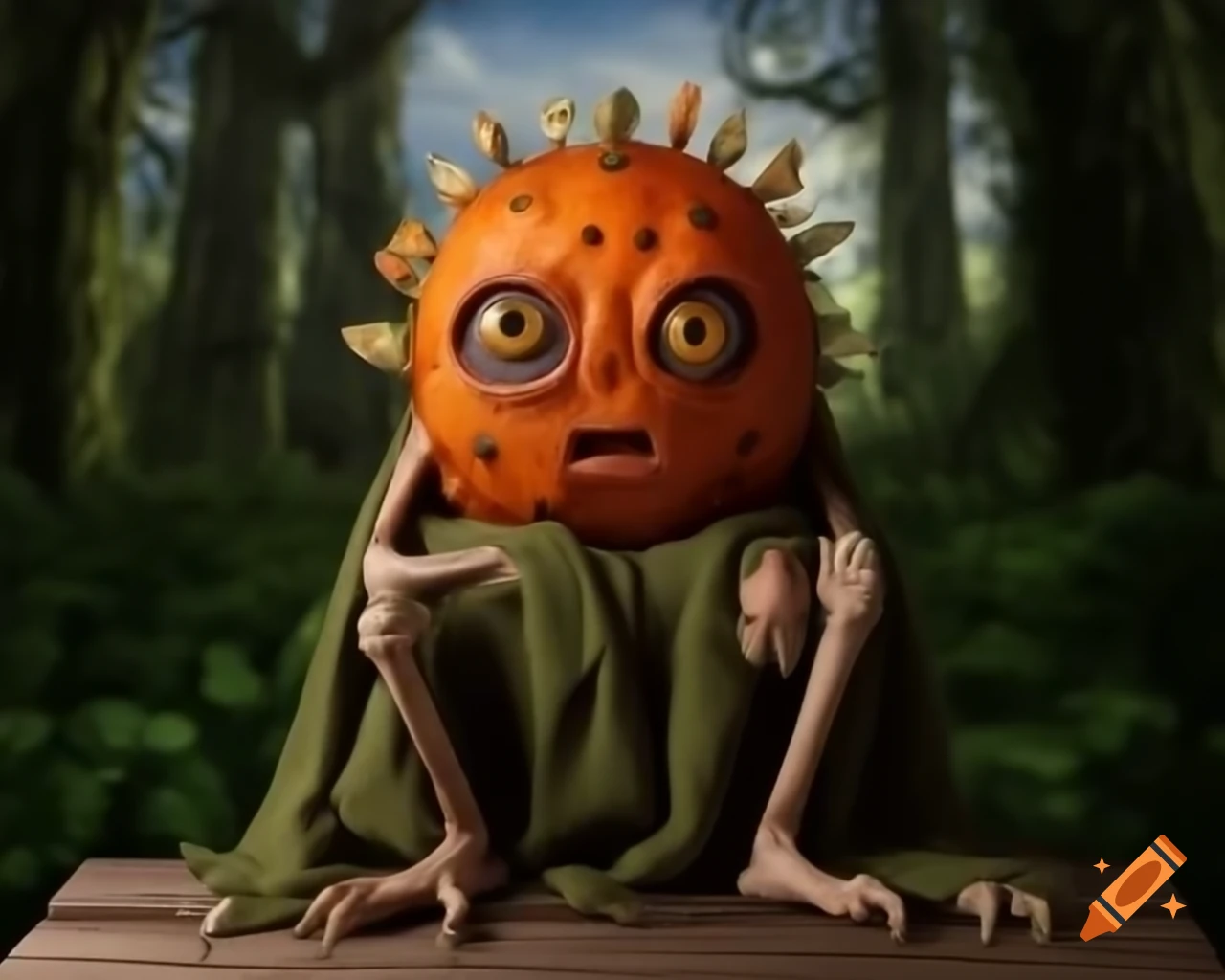 Humanoid orange fruit monster with eerie appearance and bark cloak on ...