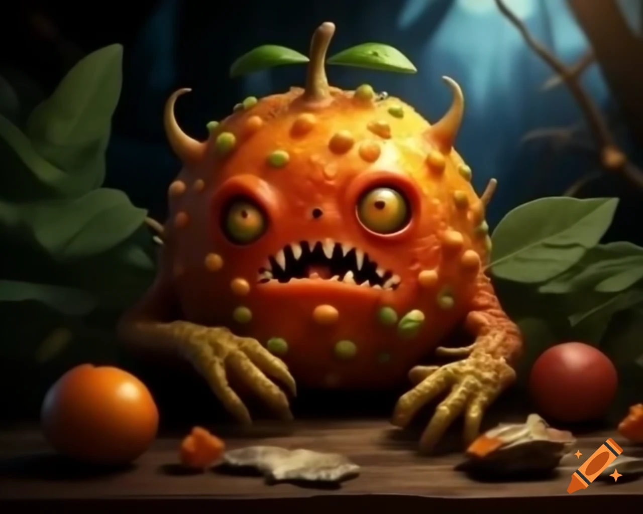 One-eyed orange fruit monster in mystical forest during golden hour ...