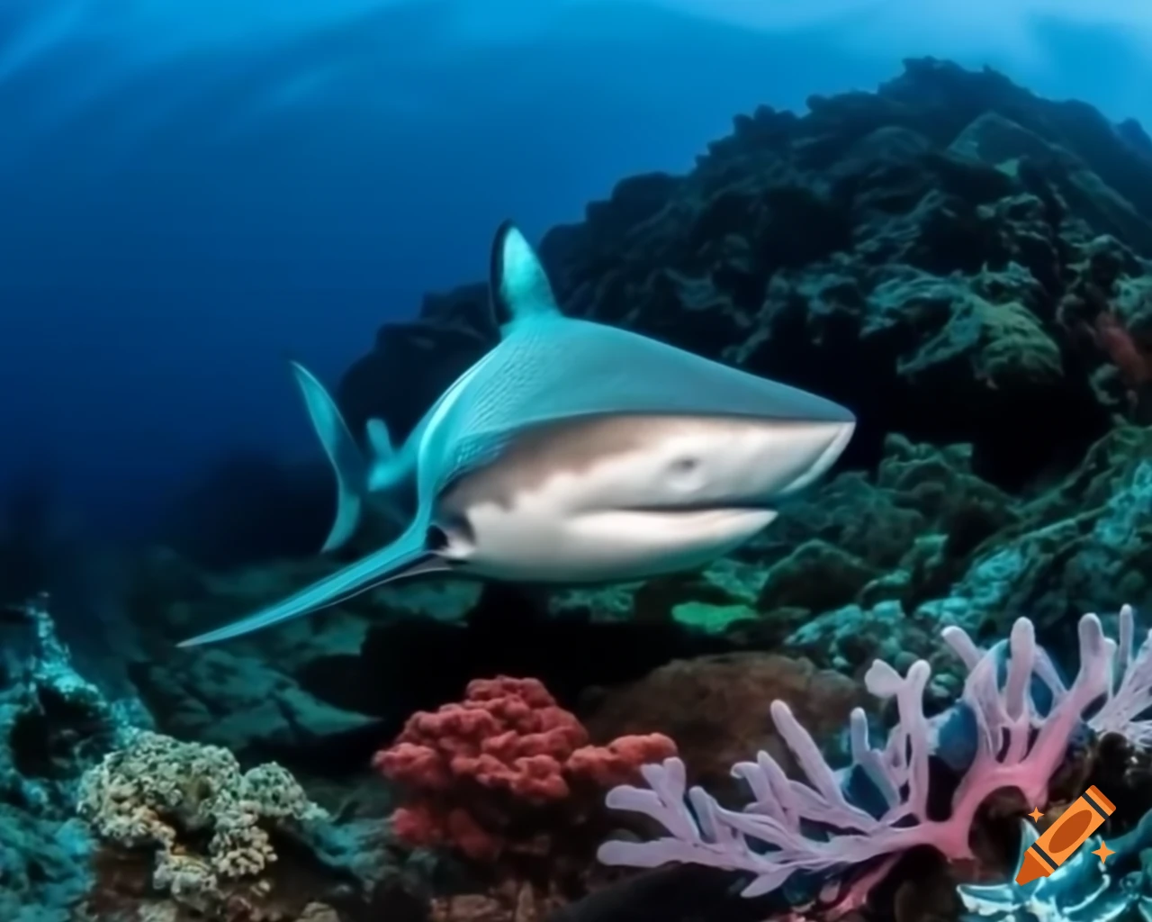 Hammerhead shark swimming through colorful coral reef ecosystem on Craiyon